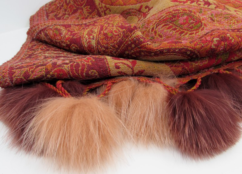 Wool Shawl with Fur Pom Poms by Pulvermacher Designs - S & K Ltd.
