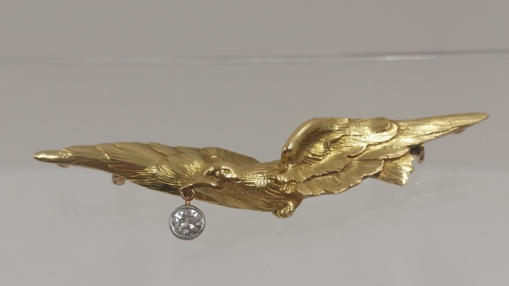 Antique 18 Karat Yellow Gold "Eagle" Pin with Diamond - S & K Ltd.