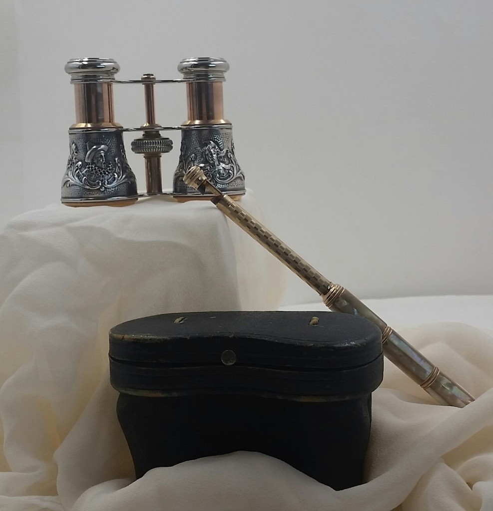 Opera Glasses-French-Antique Sterling -with Handle and Case - S & K Ltd.