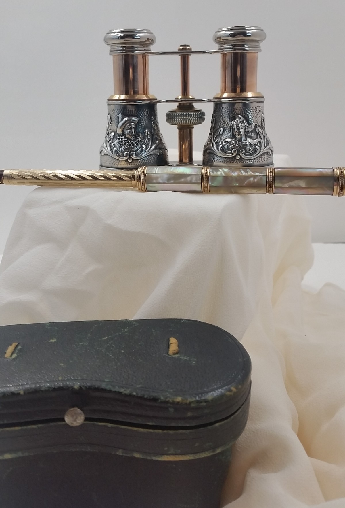 Opera Glasses-French-Antique Sterling -with Handle and Case - S & K Ltd.