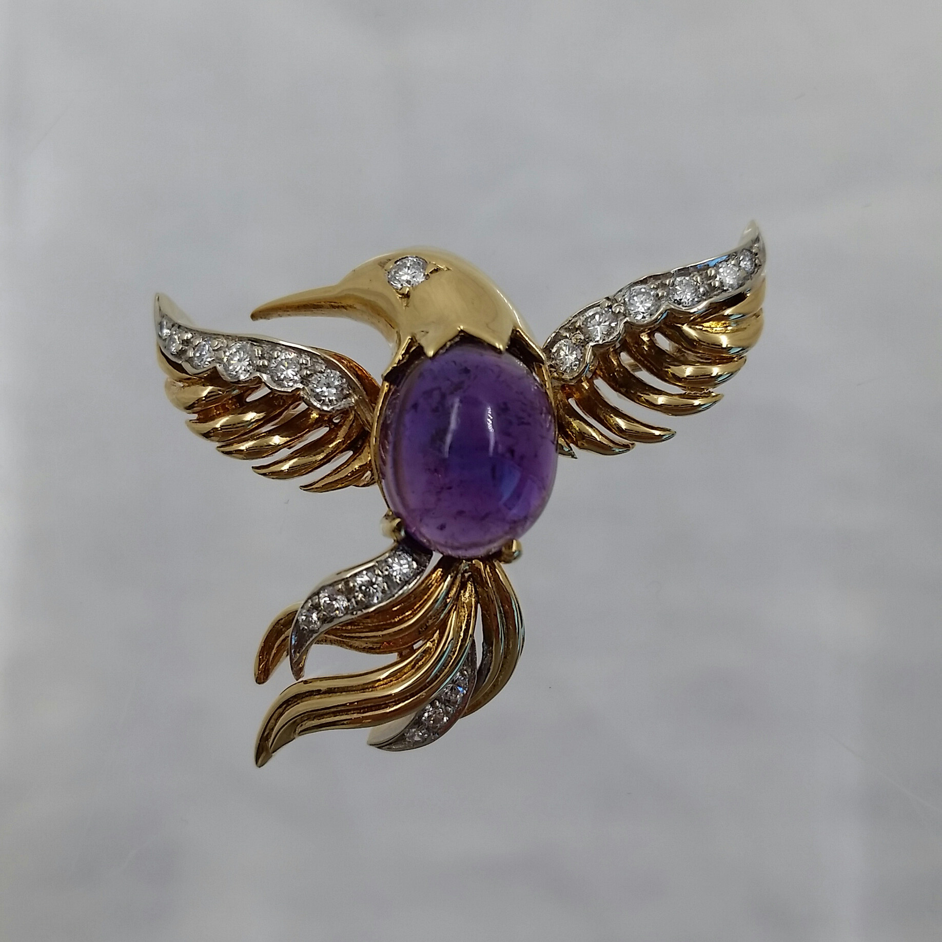 14 Karat Gold Handmade "Humming Bird" Pin/Pendant with Amethyst and ...