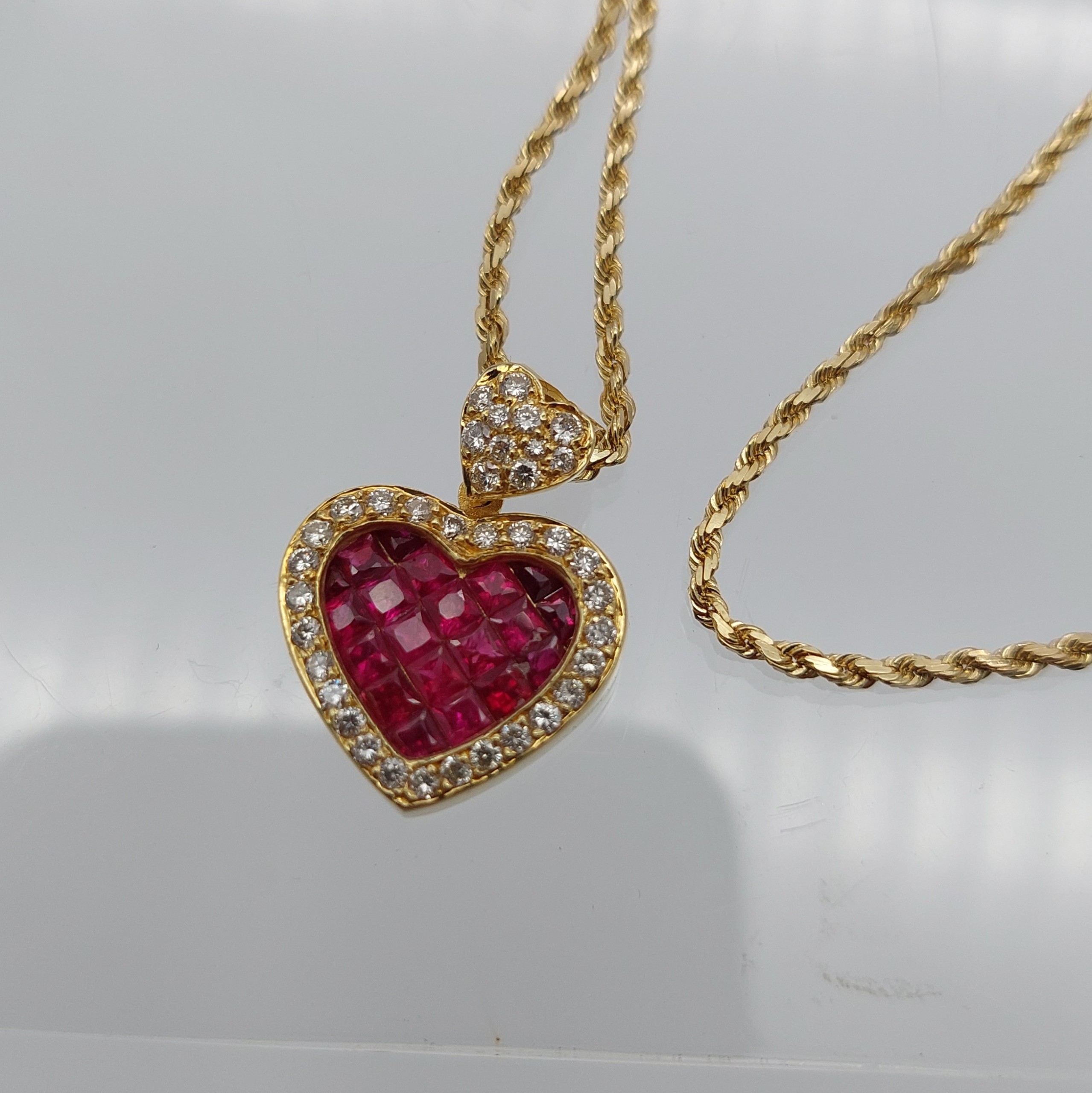 Ruby & Diamond Heart 14 Karat Yellow Gold Pendant on Rope Chain ...